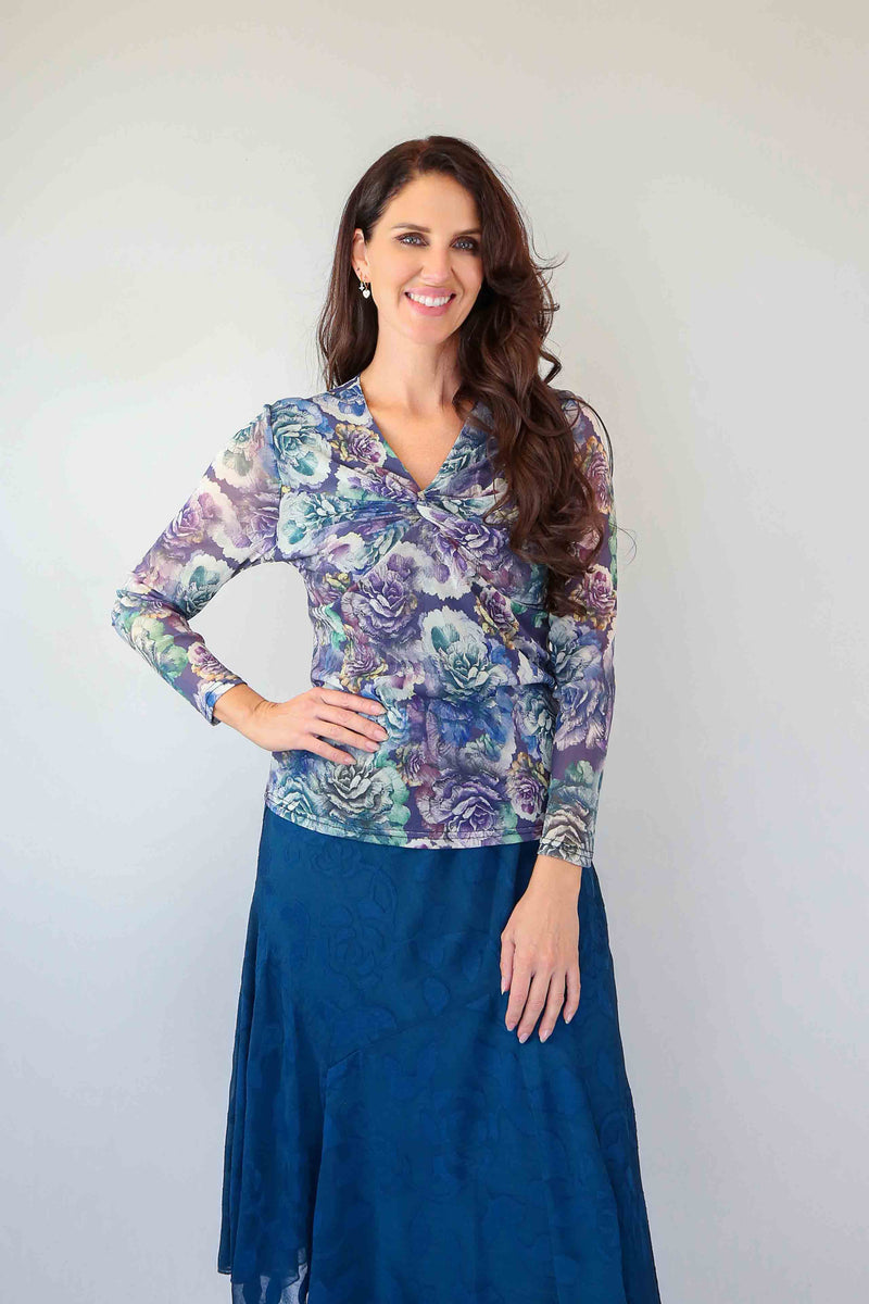 Merric Twist Front Print Mesh Top